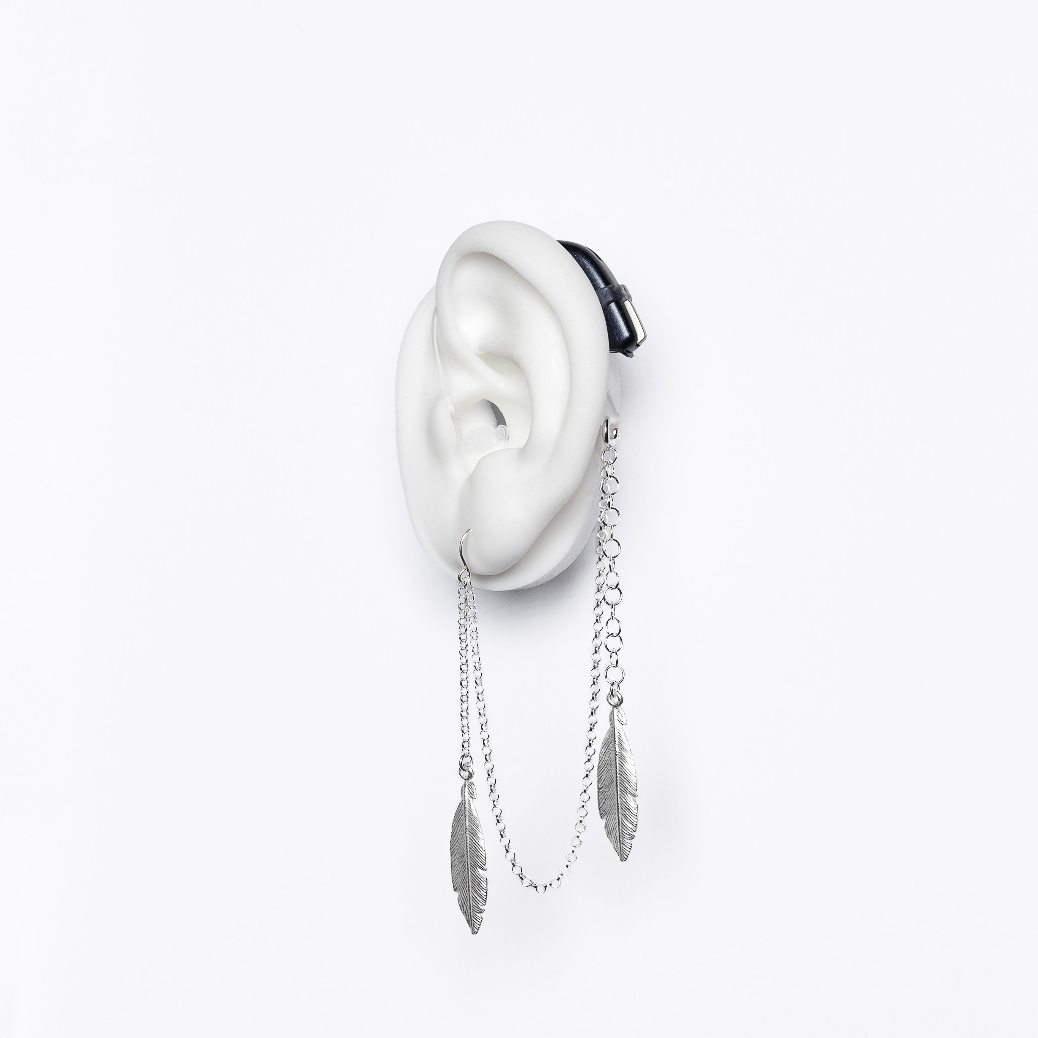 Deafmetal USA Silver Feather hearing aid jewelry